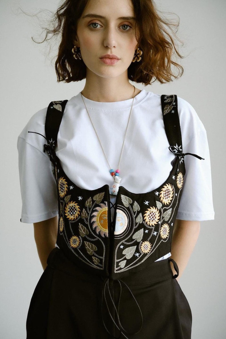 Black Linen Corset Sun Moon Sunflower Floral Belt Embroidered Underbust Top Ethnic Peasant Boho ...