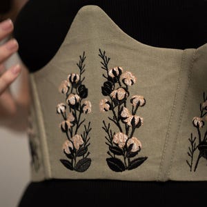 Cotton Flower Linen Corset Light Green Olive Belt Floral Embroidered ...