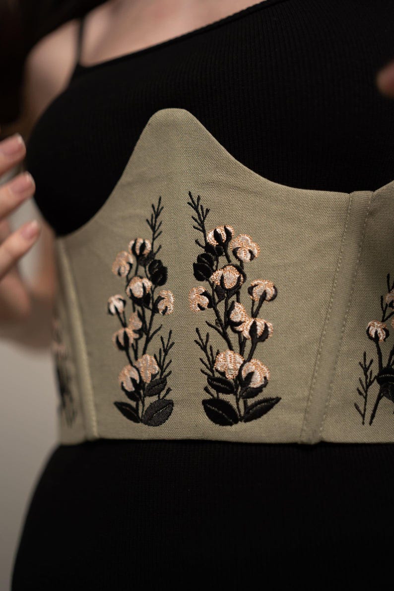 Cotton Flower Linen Corset Light Green Olive Belt Floral Embroidered ...