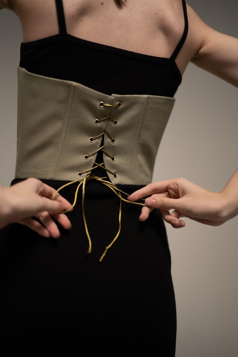 Cotton Flower Linen Corset Light Green Olive Belt Floral Embroidered ...