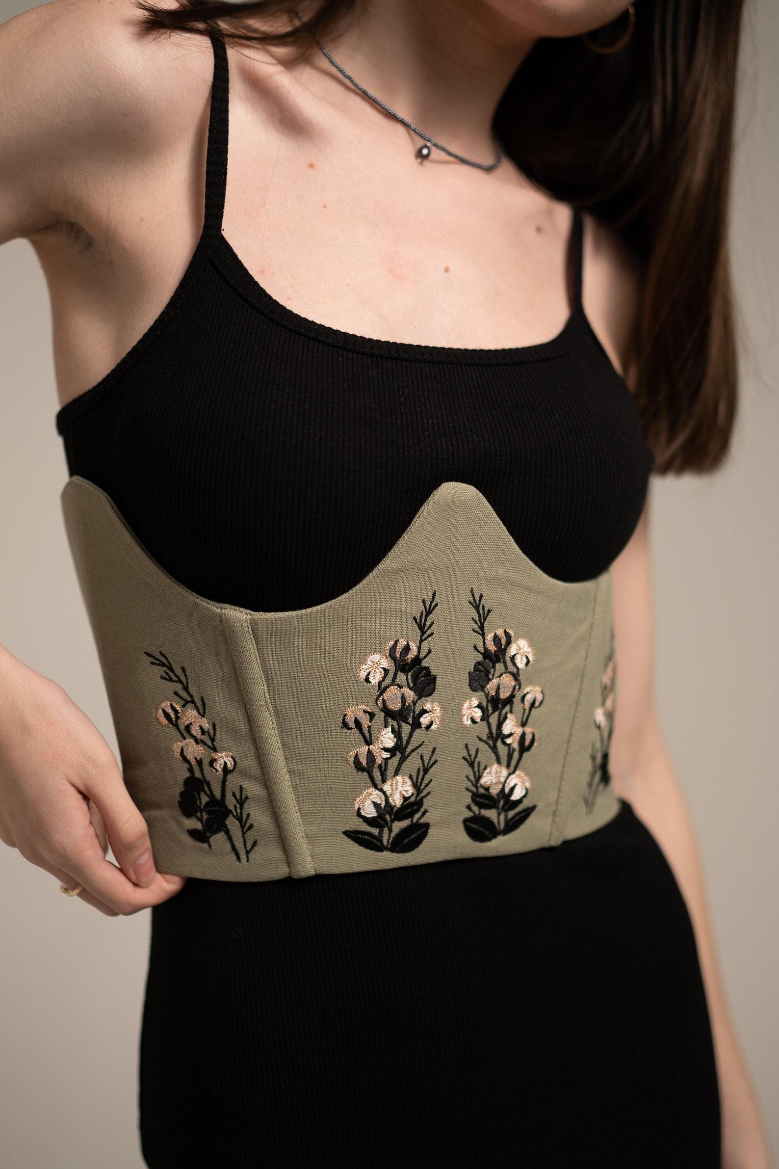 Cotton Flower Linen Corset Light Green Olive Belt Floral Embroidered ...