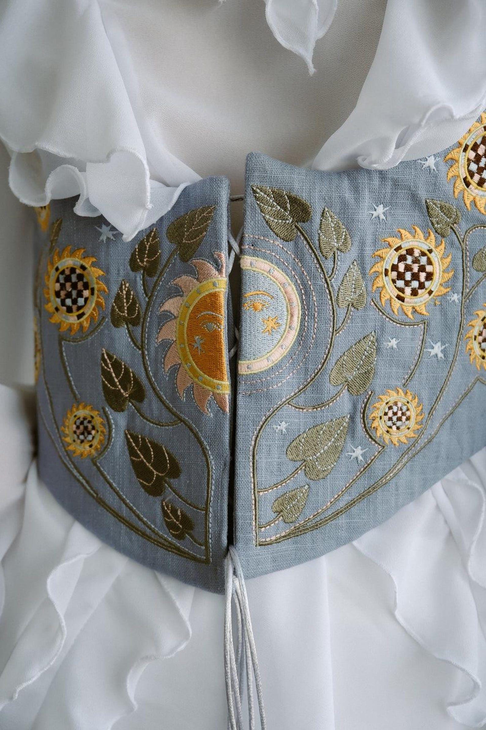 Black Linen Corset Sun Moon Sunflower Floral Belt Embroidered Underbust ...