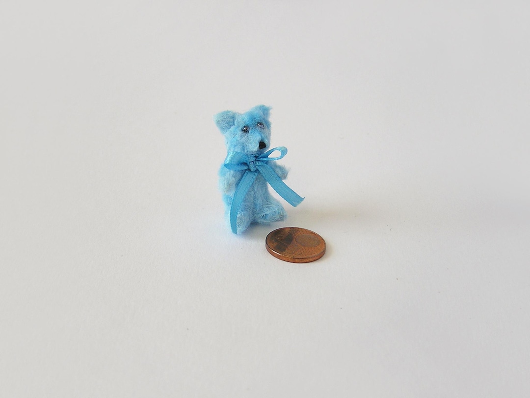 Small Blue Bear With Ribbon, Tiny Animal, Handmade Chenille Miniature ...