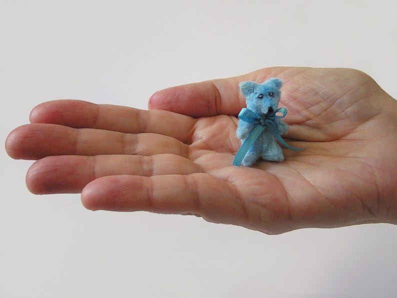 Small Blue Bear With Ribbon, Tiny Animal, Handmade Chenille Miniature ...