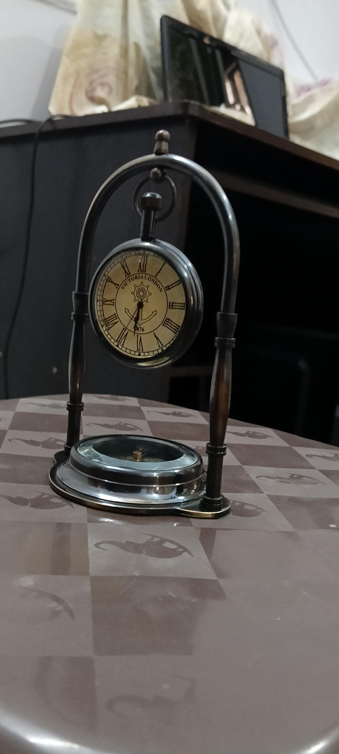 Antique Brass Table Clock With Compass, Nautical Maritime Decor ...