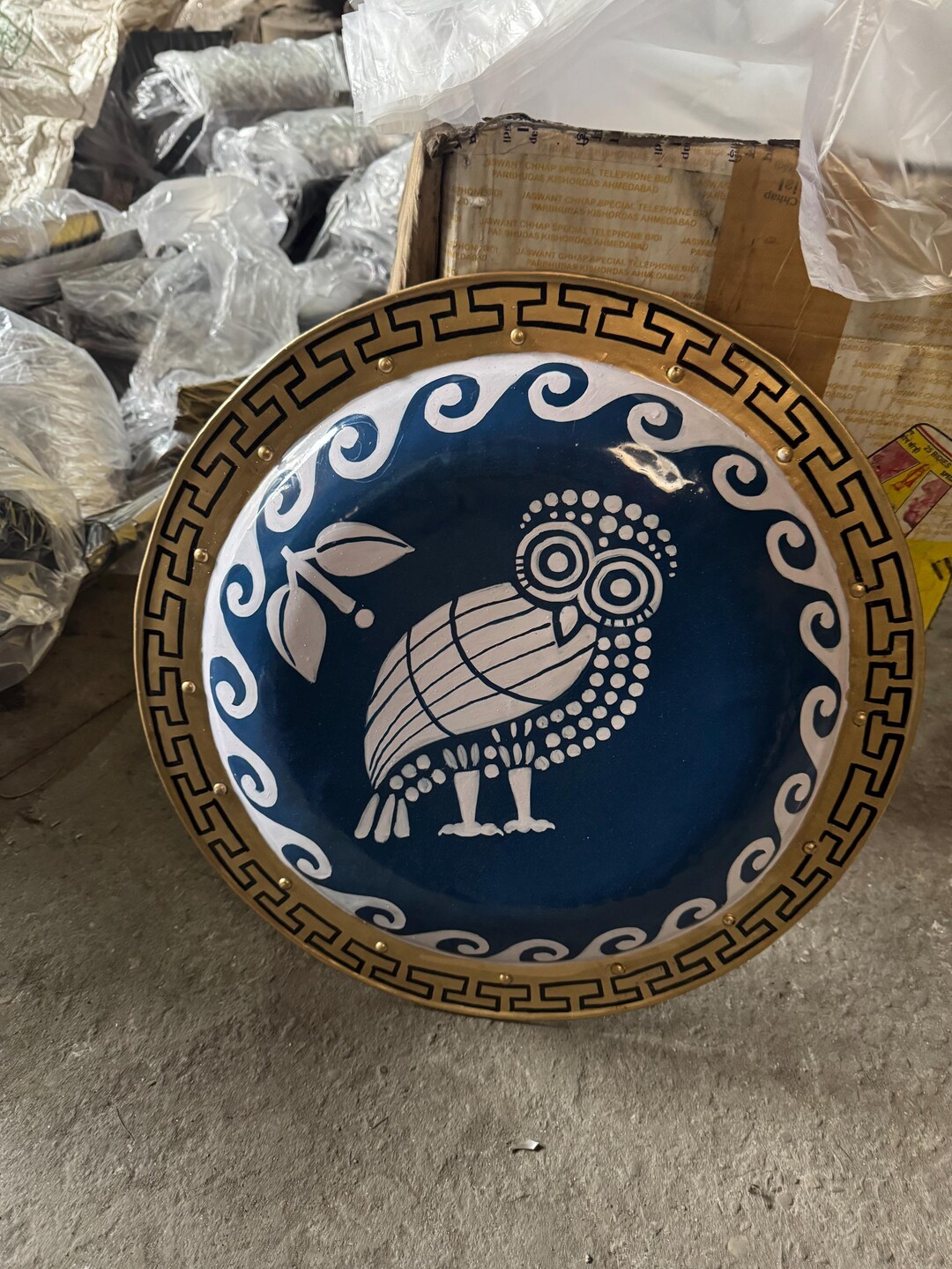 Medieval Greek Hoplite Shield - Athenian Owl Design Rustic Blue Decor ...