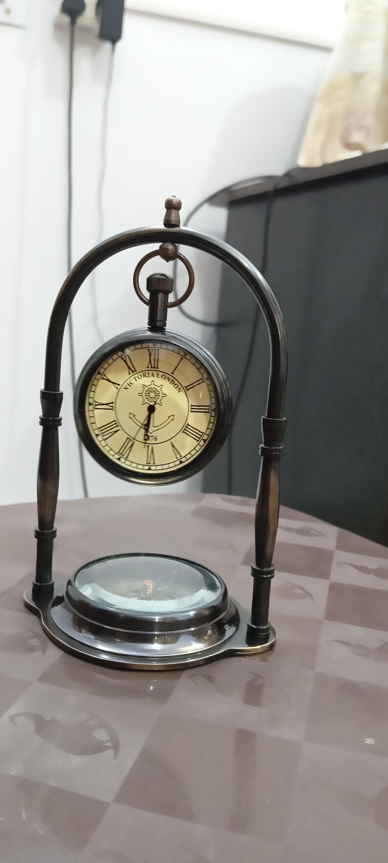 Antique Brass Table Clock With Compass, Nautical Maritime Decor ...
