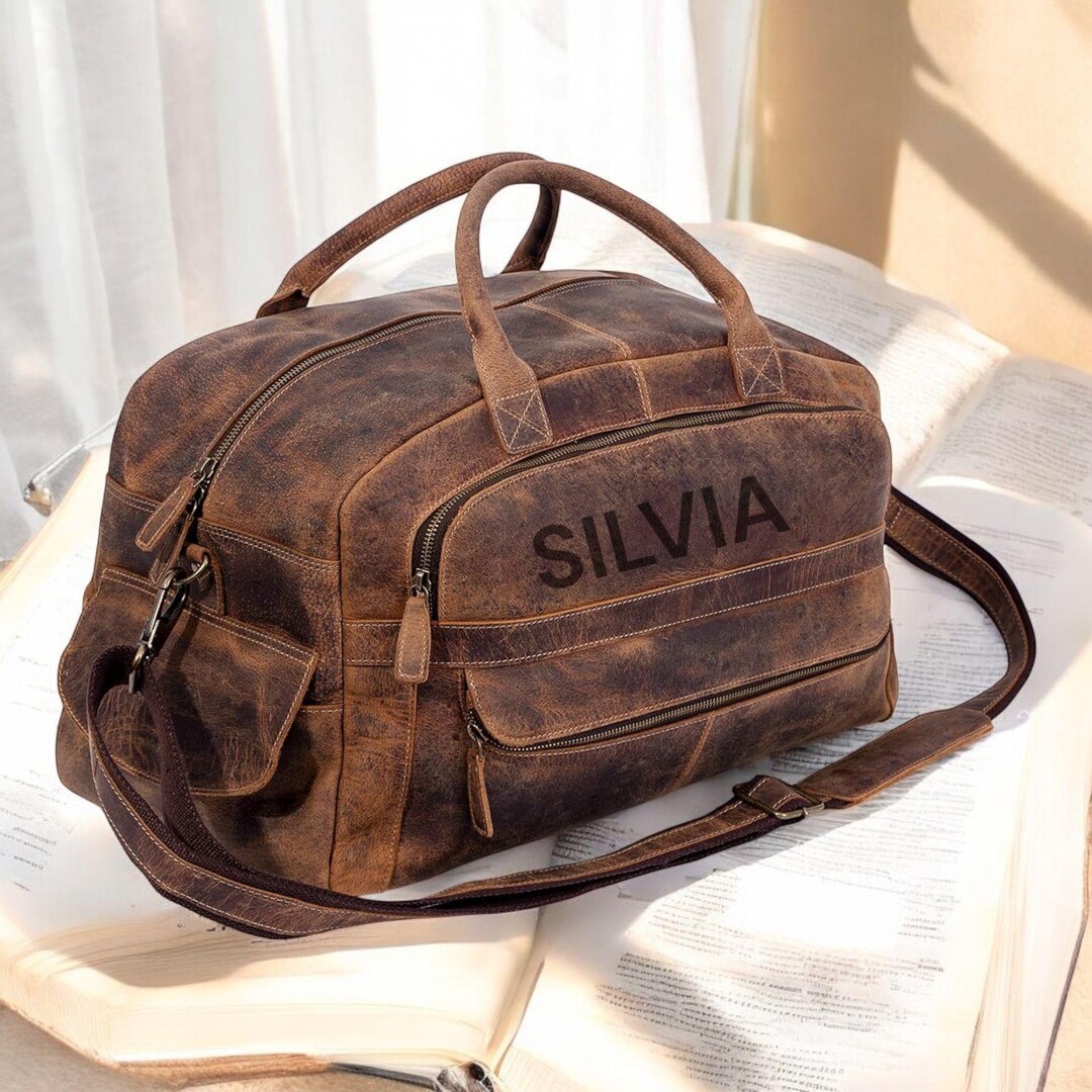 Personalized Buffalo Leather Duffel Bag: Engraved Weekender Travel Gym ...
