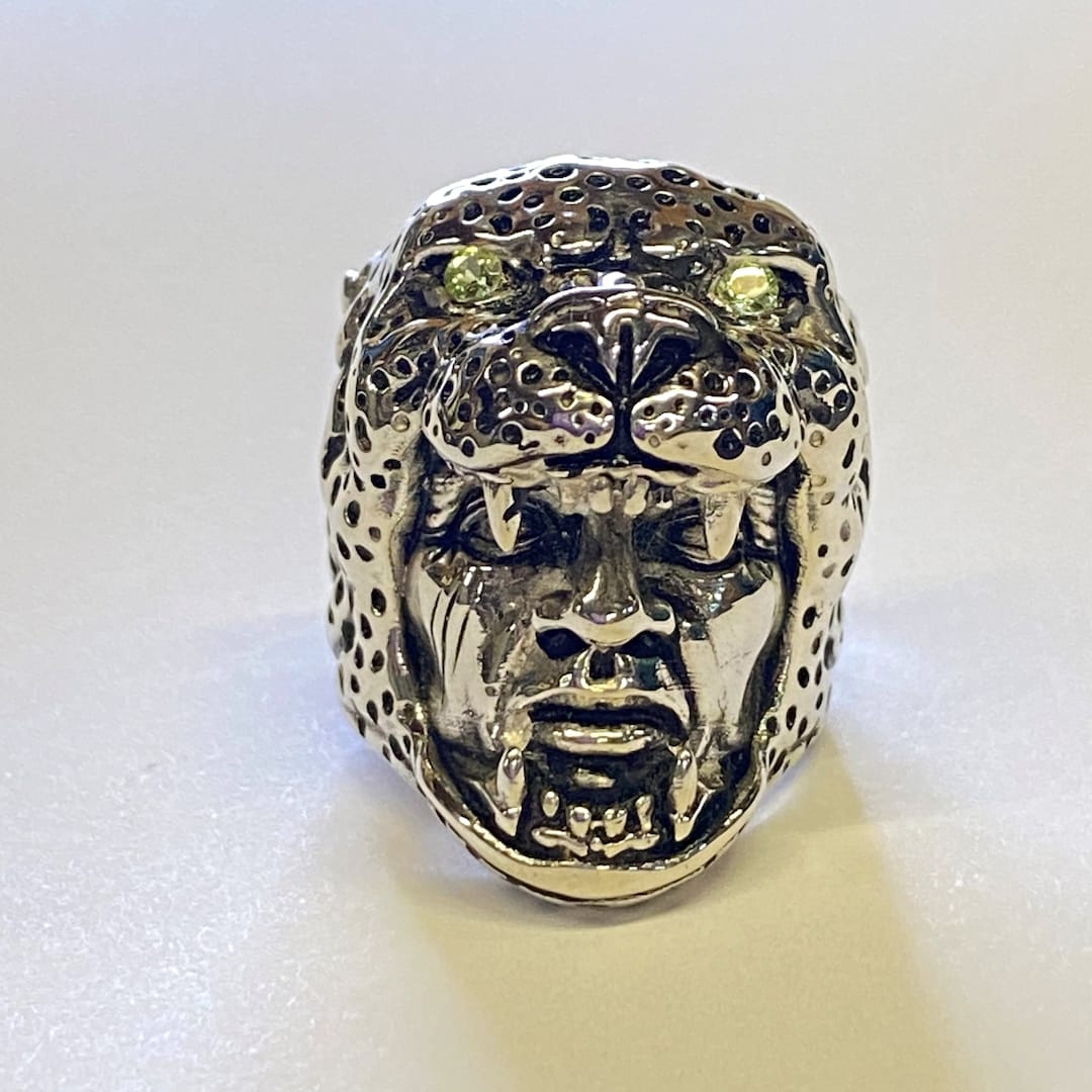 Solid, Heavy Aztec Jaguar Warrior Ring With Peridot Gemstone Eyes in ...