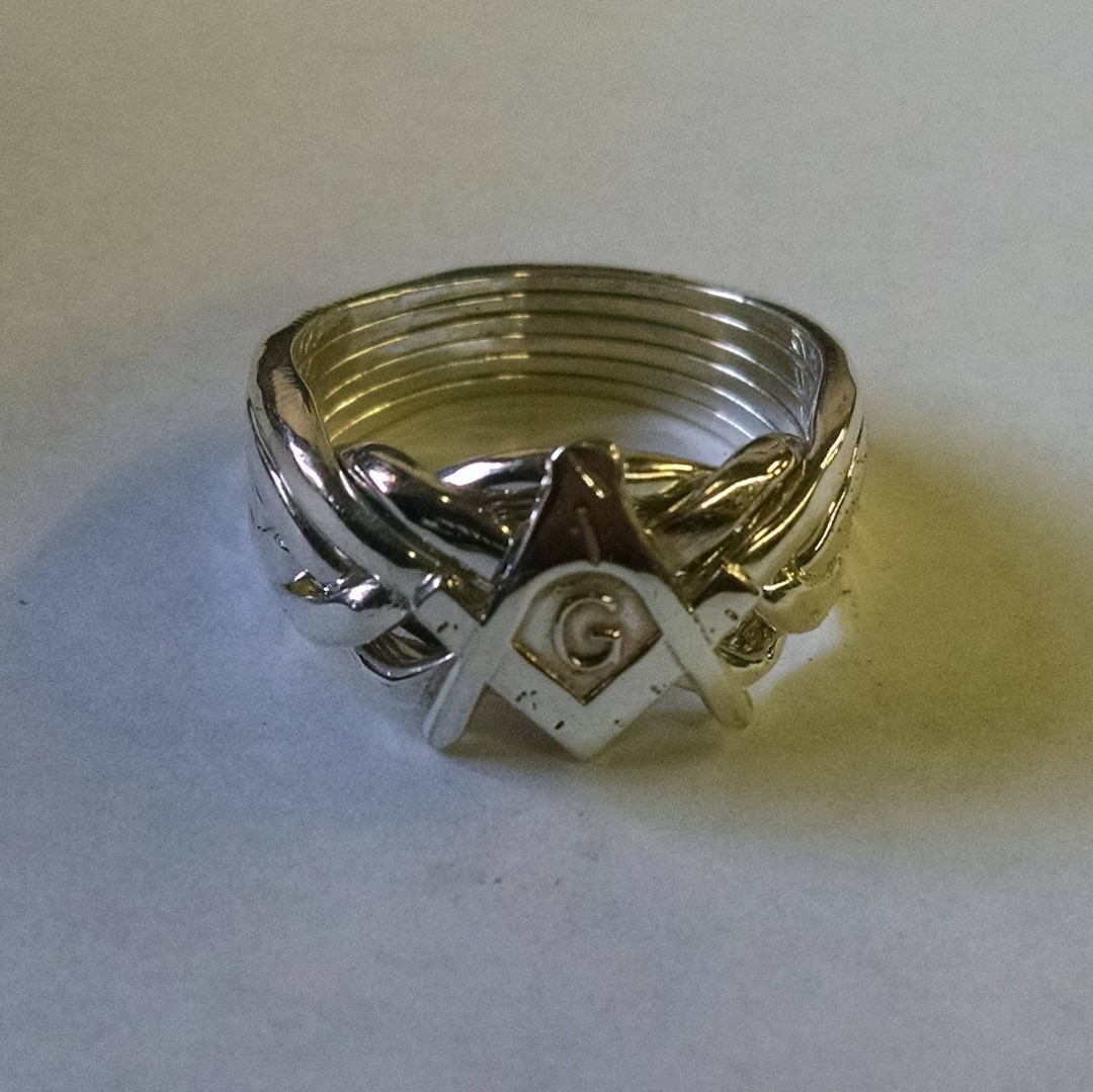 Mens Solid Sterling Silver 6 Band Masonic Puzzle Ring With Square G in ...