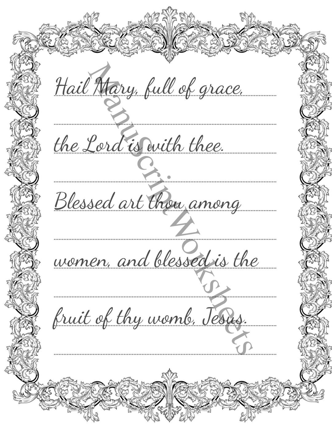 Hail Mary Cursive Copywork Worksheet Digital Download - Hail Mary ...