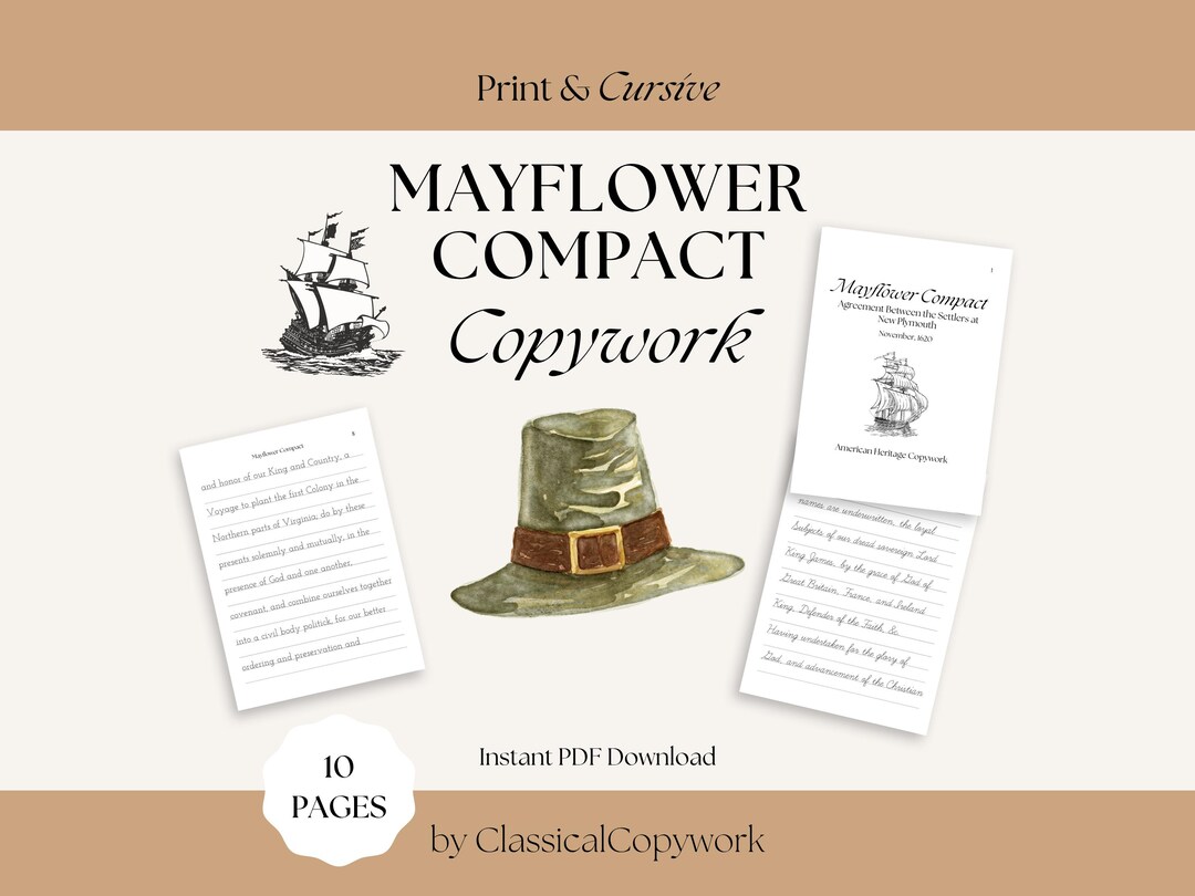 Mayflower Compact Copywork | Thanksgiving School Lesson Printable ...