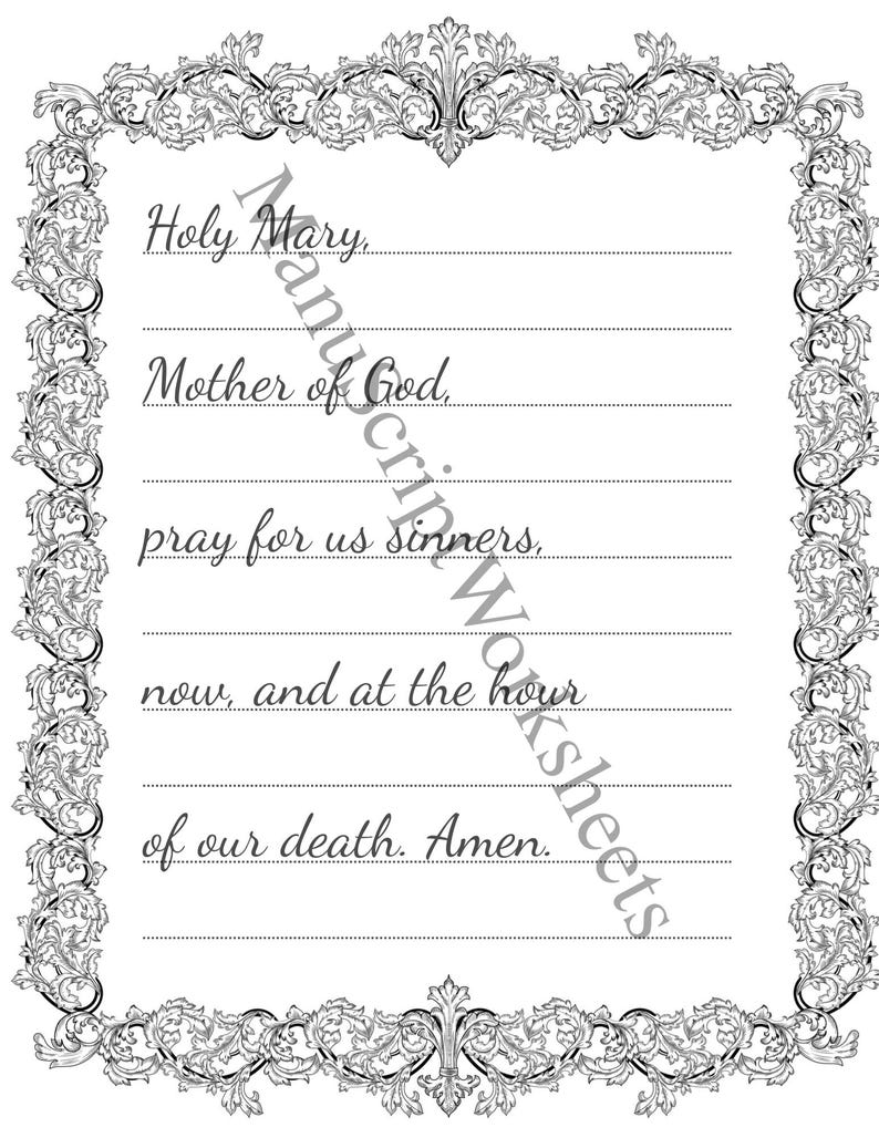 Hail Mary Cursive Copywork Worksheet Digital Download - Hail Mary ...