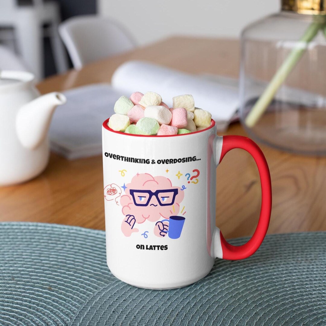 Overthinking and Overdosing Colorful Coffee Mug, Funny Gen Z Brain Meme ...