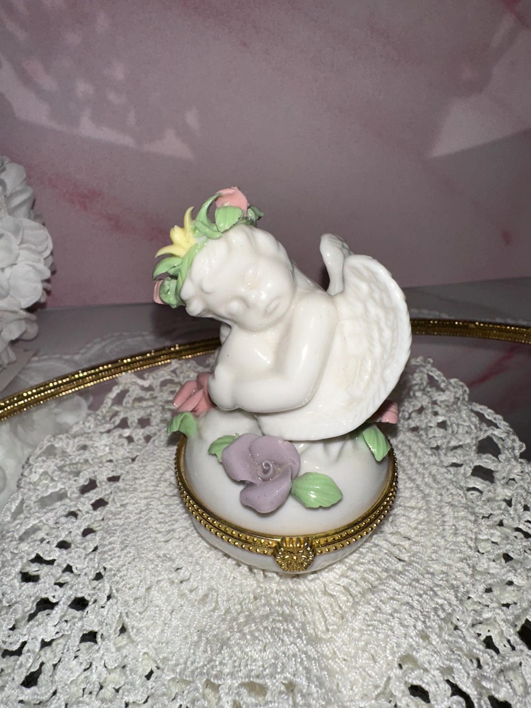Vintage Porcelain Cherub Trinket Box With Floral Crown - Angel Figurine ...