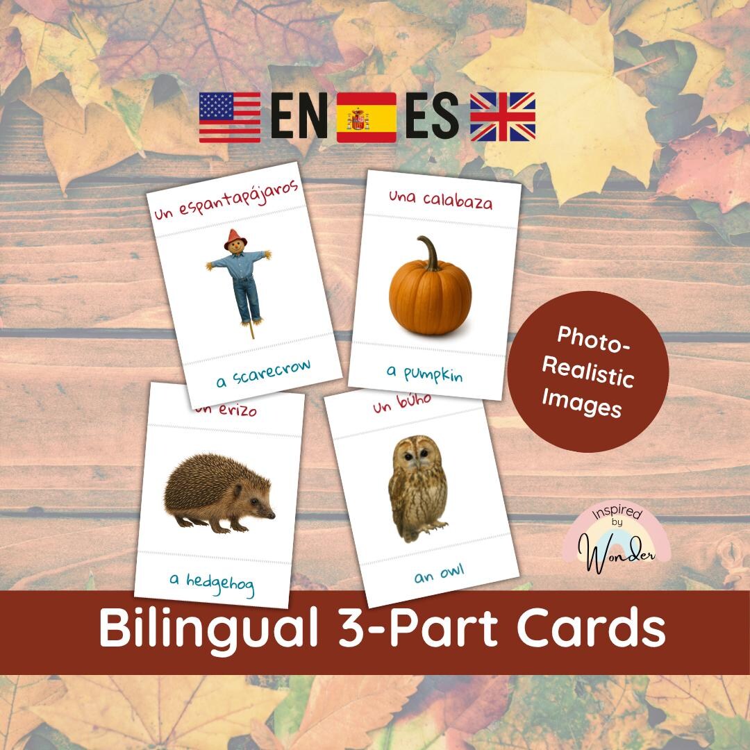 Photorealistic Bilingual Fall Montessori 3-part Cards: Spanish English ...