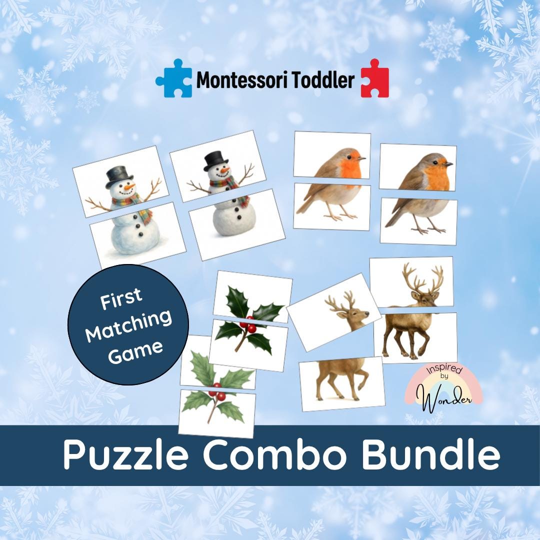 Winter Montessori Matching Game: 2 Piece Jigsaw Puzzle Cards Combo ...