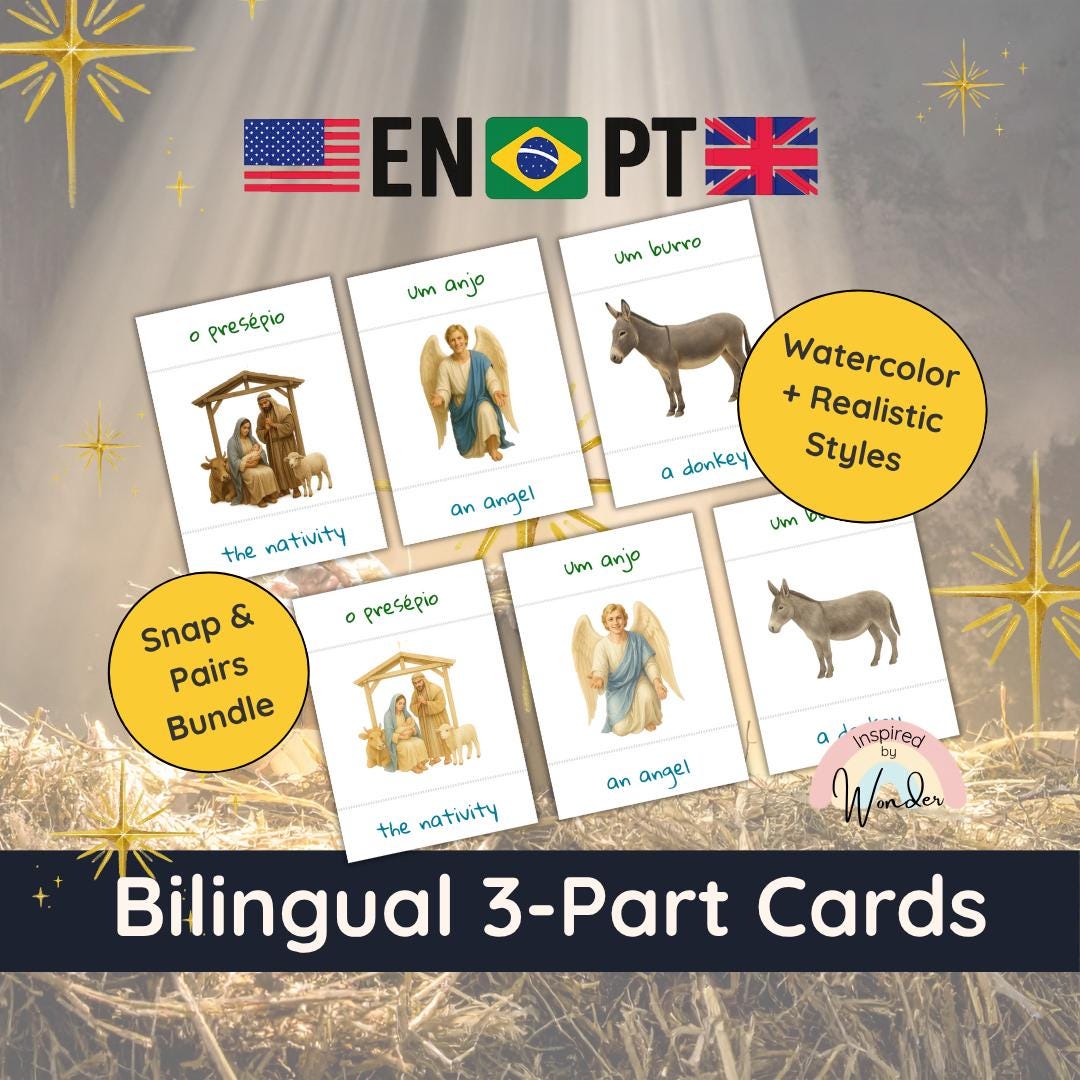 Bilingual Nativity Montessori 3 Part Cards: English Portuguese Matching ...