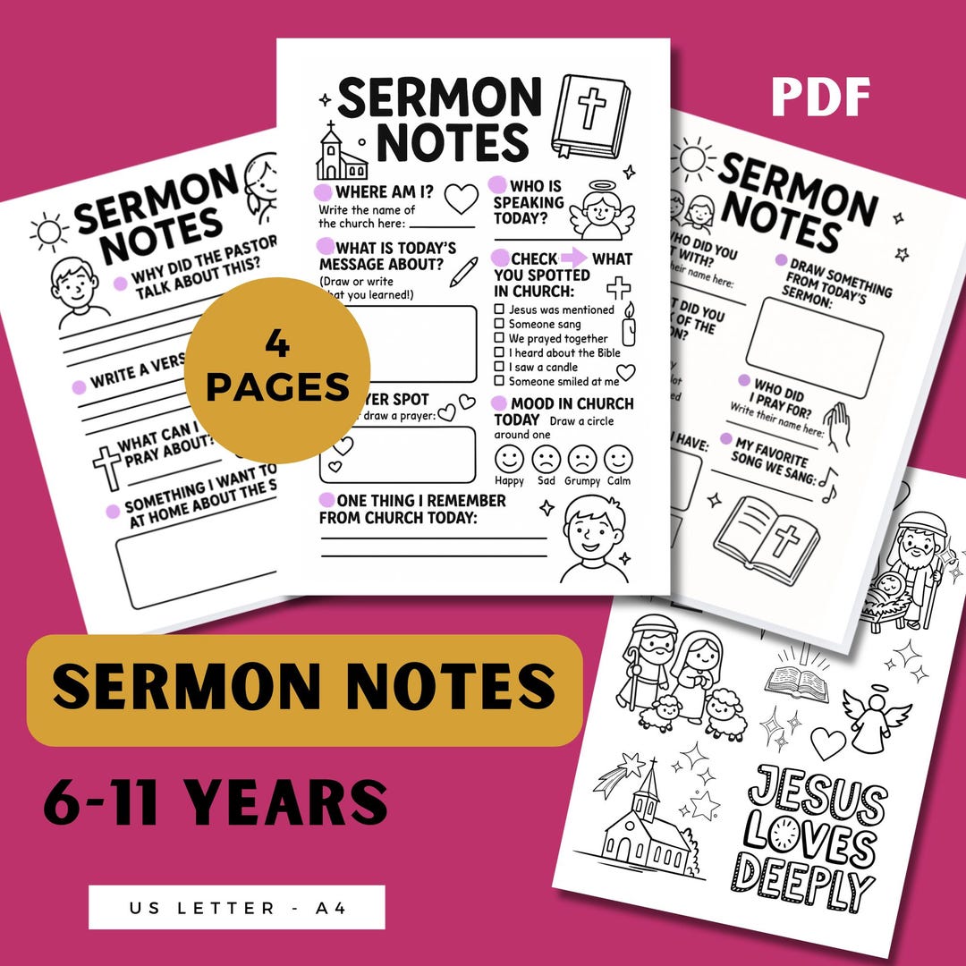 Kids' Sermon Notes Pack – 4 Printable Pages | 1 Bonus Jesus Coloring ...