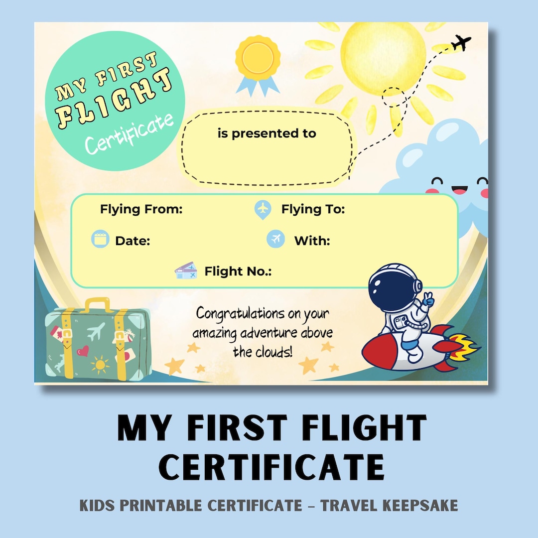 My First Flight Certificate, Kids Printable Travel Keepsake, US Letter ...