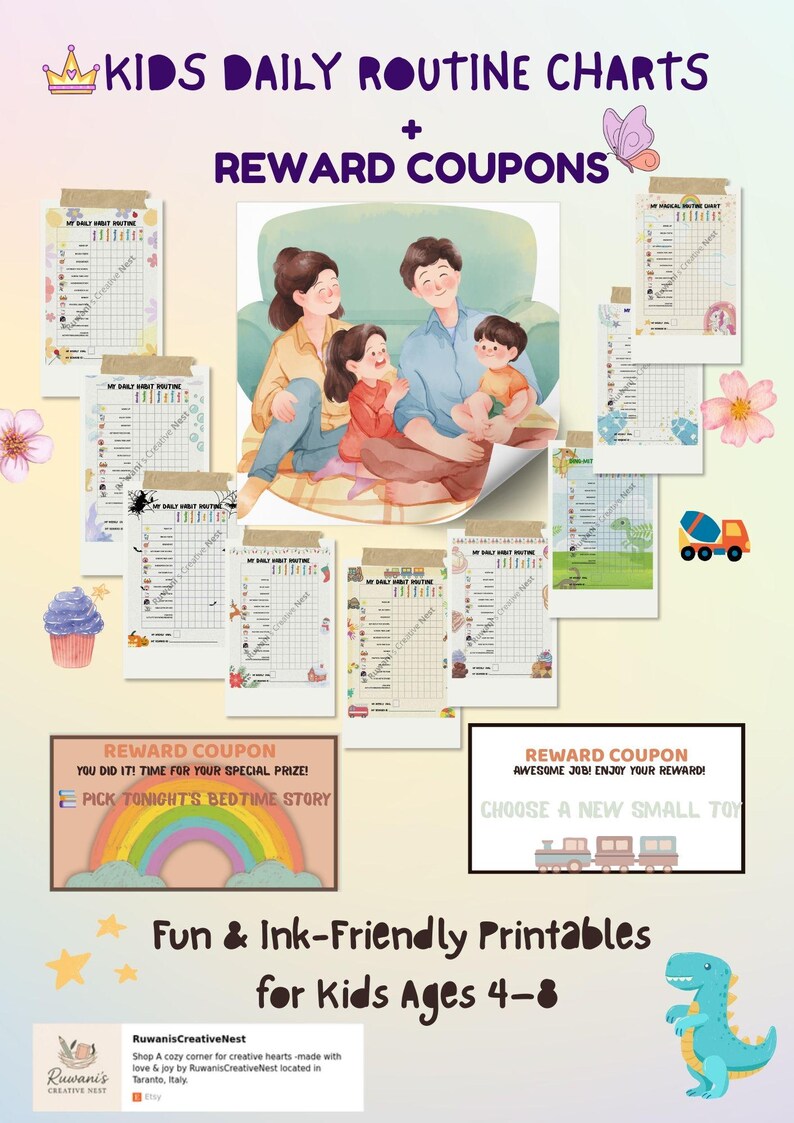 10 Fun Themes Kids Daily Routine Chart and Ready to Use Reward Coupon ...