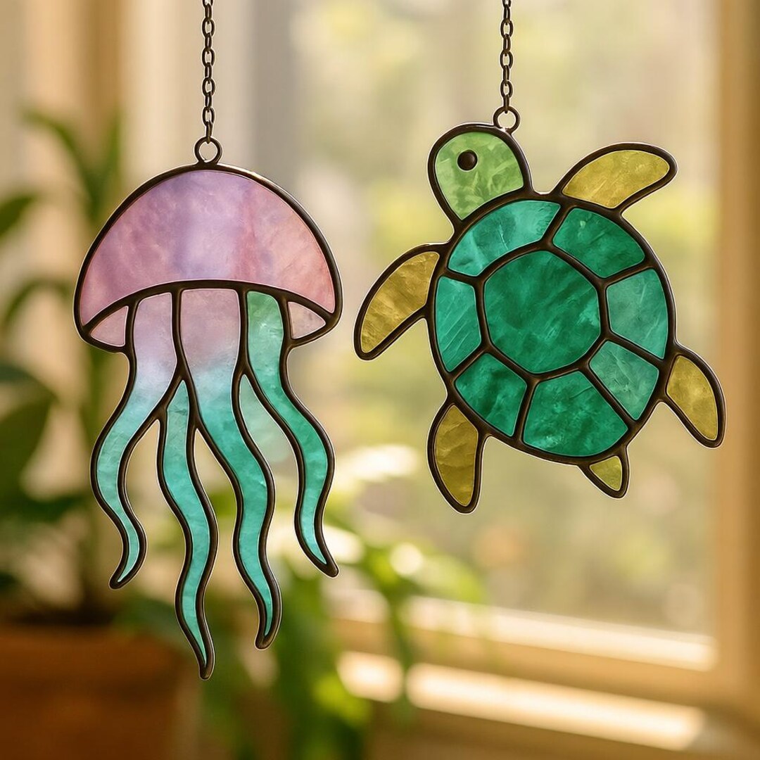 2-in-1 Stained Glass Patterns: Sea Turtle & Jellyfish • Ocean Animal ...