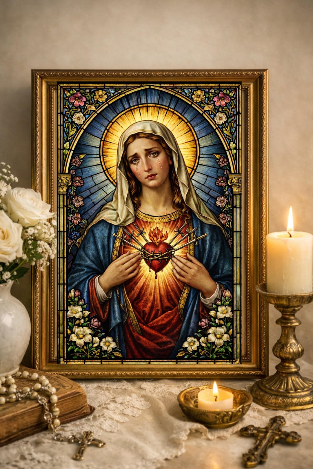 Sorrowful Heart of Mary Stained Glass Art – Catholic Digital Print ...
