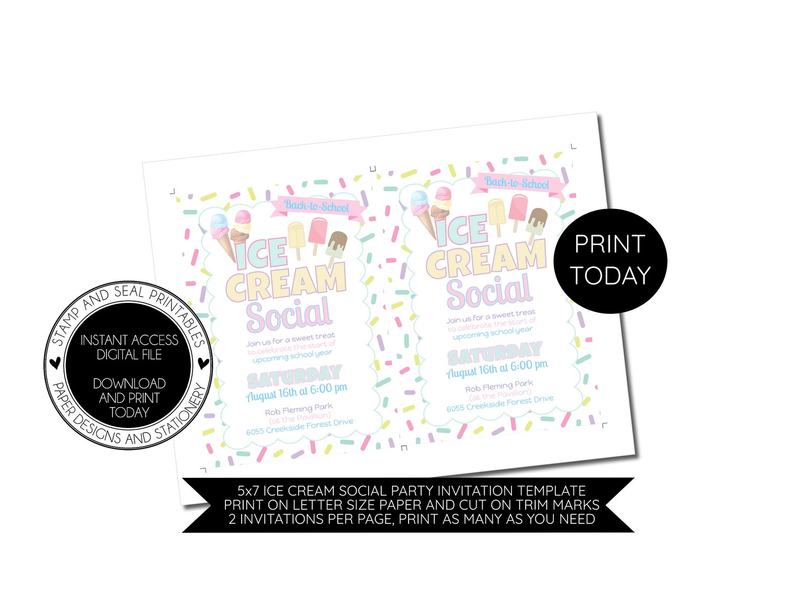 Ice Cream Social Party Invitation Template TEXT and PRINT | Etsy