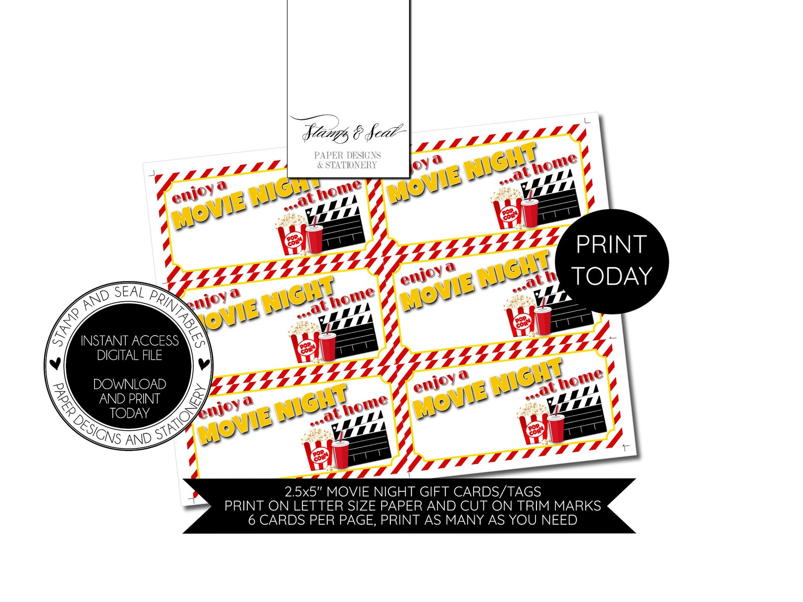 Printable Movie Night Gift Tags Cards PRINT TODAY Print at - Etsy