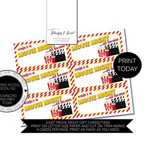 Printable Movie Night Gift Tags, Cards, PRINT TODAY, Print at Home ...