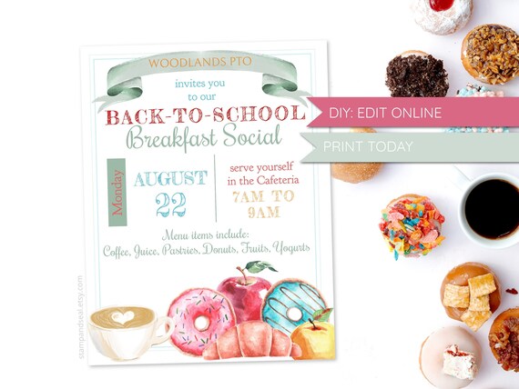 CUSTOMIZE, Back to School Breakfast Teacher Staff Sign, PRINT TODAY ...