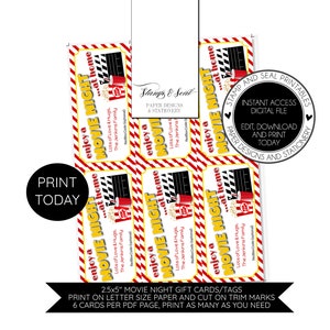 Personalized Movie Night Gift Tags, Cards, PRINT TODAY, Print at Home ...