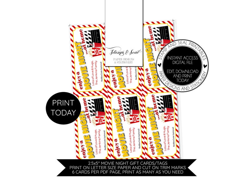 Personalized Movie Night Gift Tags Cards PRINT TODAY Print - Etsy
