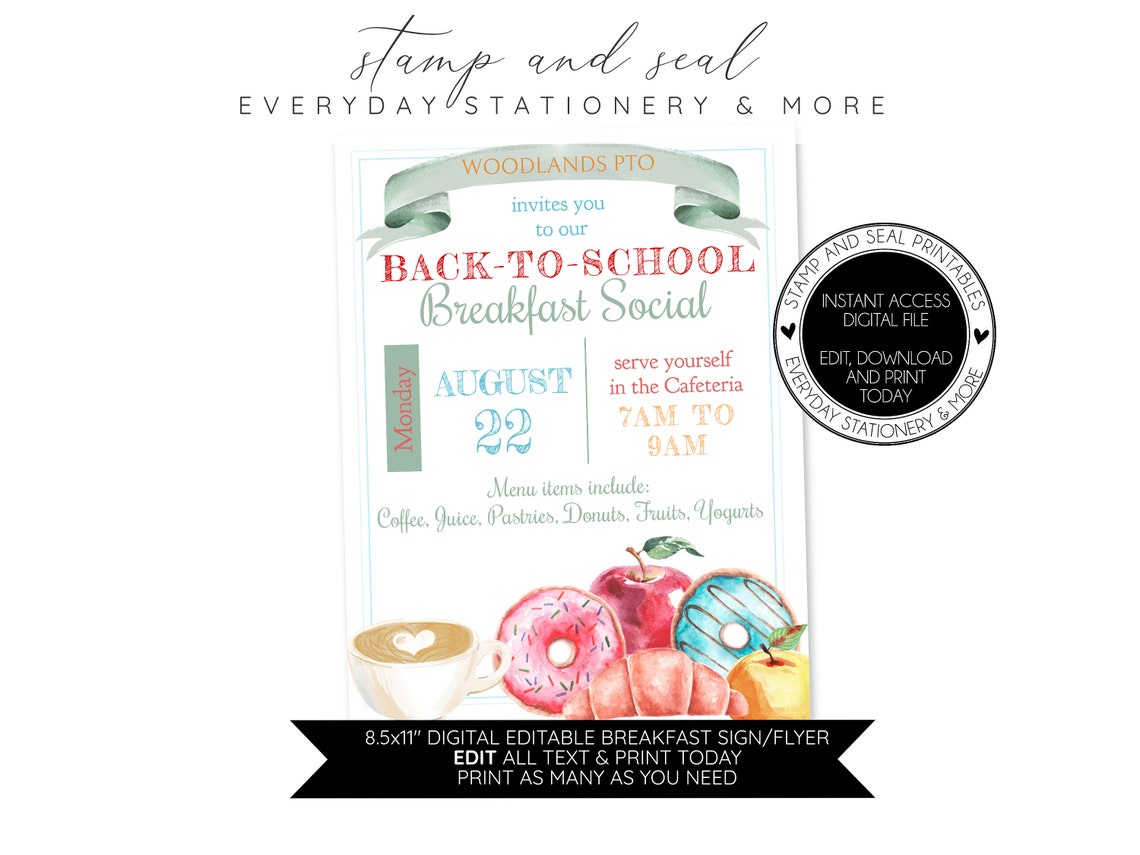 CUSTOMIZE Back to School Breakfast Teacher Staff Sign PRINT - Etsy
