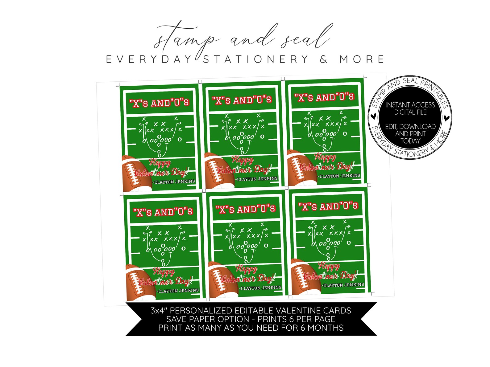 Personalized Football Valentine Cards PRINT TODAY Printable - Etsy