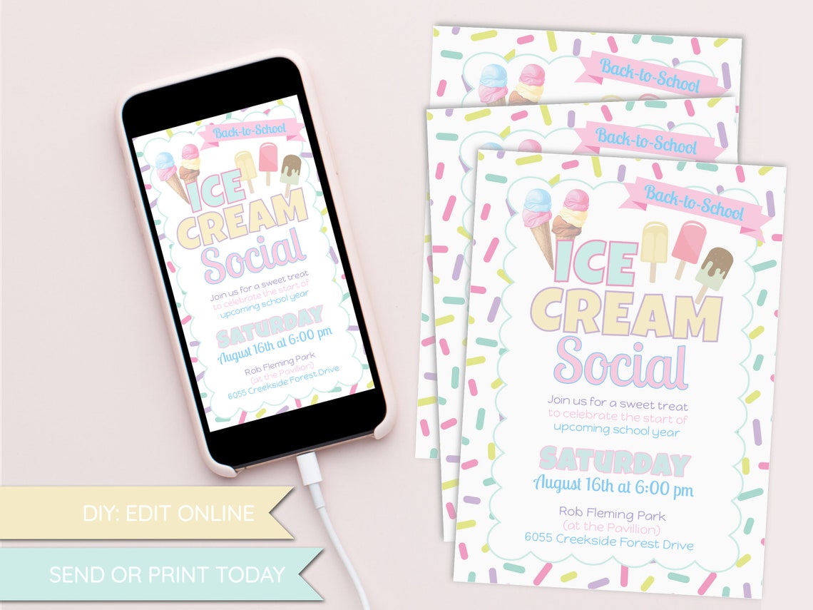 Ice Cream Social Party Invitation Template TEXT and PRINT | Etsy