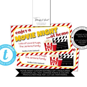 Personalized Movie Night Gift Tags, Cards, PRINT TODAY, Print at Home ...