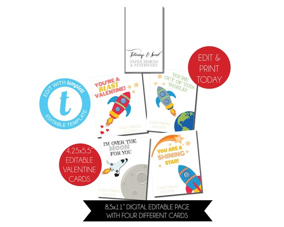Personalized Rocket Shuttle Valentine Cards, Printable, Editable ...