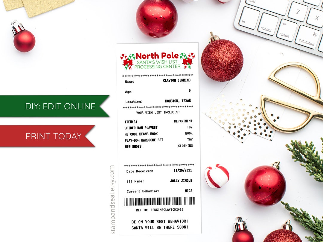 Personalized Editable Santa Elf Receipt Template, PRINT TODAY, North ...