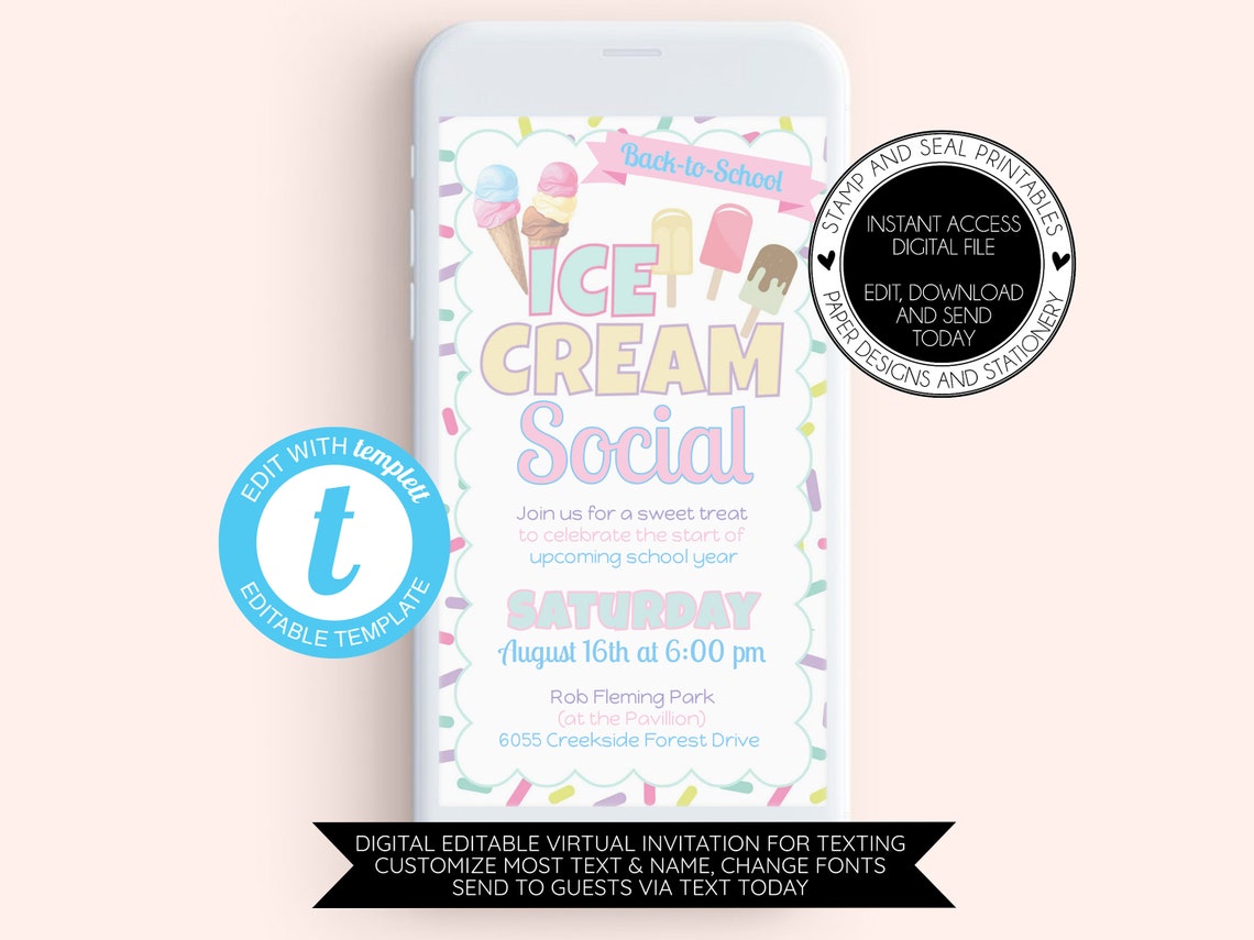 Ice Cream Social Party Invitation Template TEXT and PRINT | Etsy
