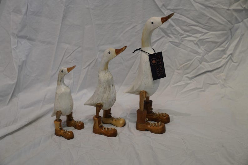 Handcrafted Teak Wood Duck Family – Set of 3 Ducks With Boots, Rustic ...