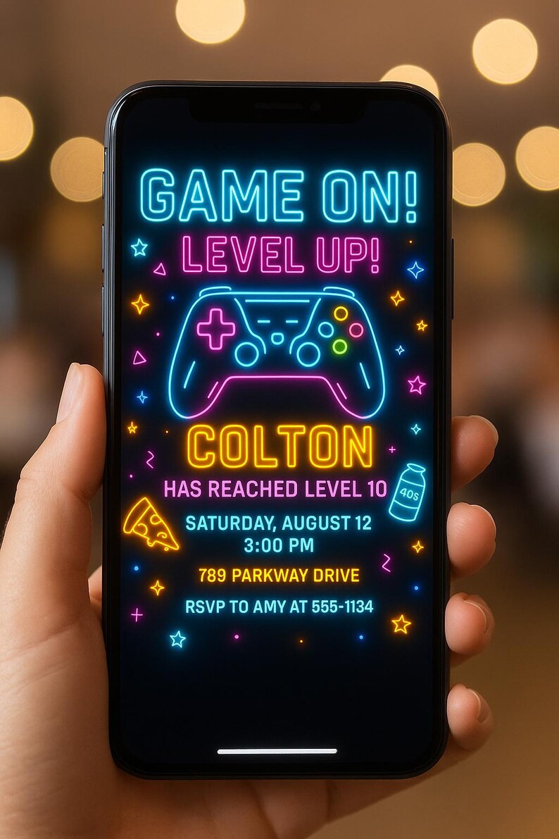 Editable Neon Gamer Party Invite • Level up Birthday • Video Game Party ...