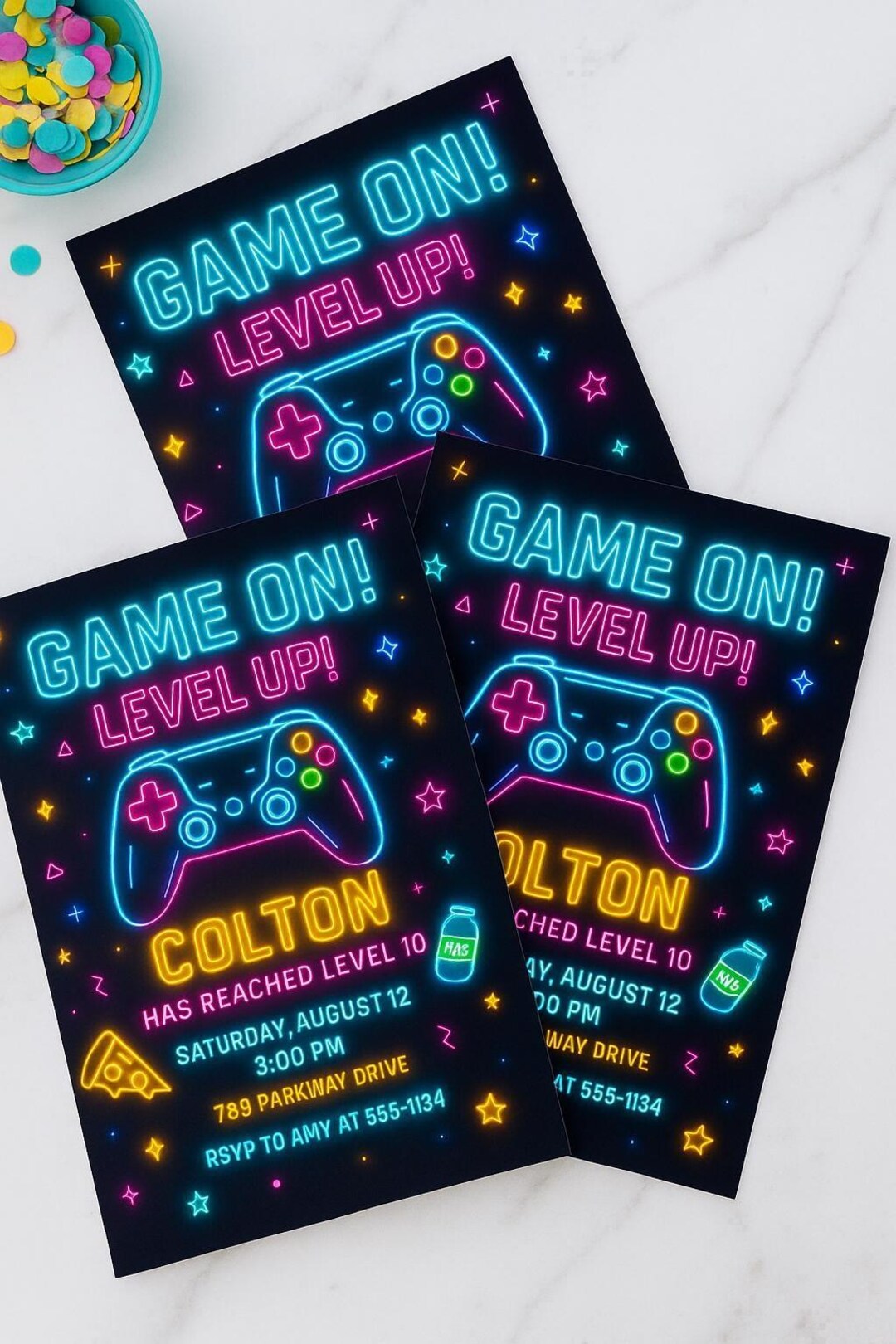 Editable Neon Gamer Party Invite • Level up Birthday • Video Game Party ...