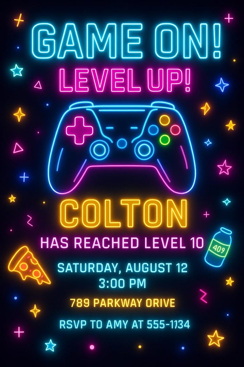 Editable Neon Gamer Party Invite • Level up Birthday • Video Game Party ...