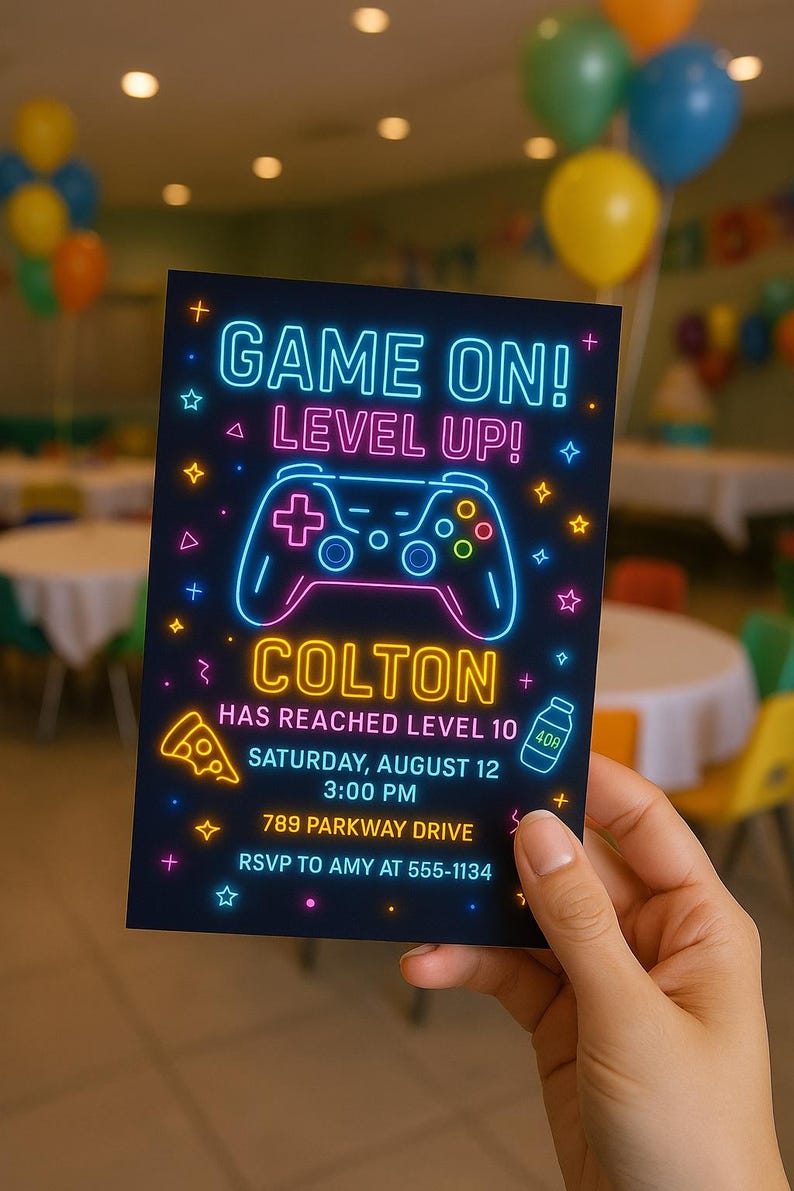 Editable Neon Gamer Party Invite • Level up Birthday • Video Game Party ...