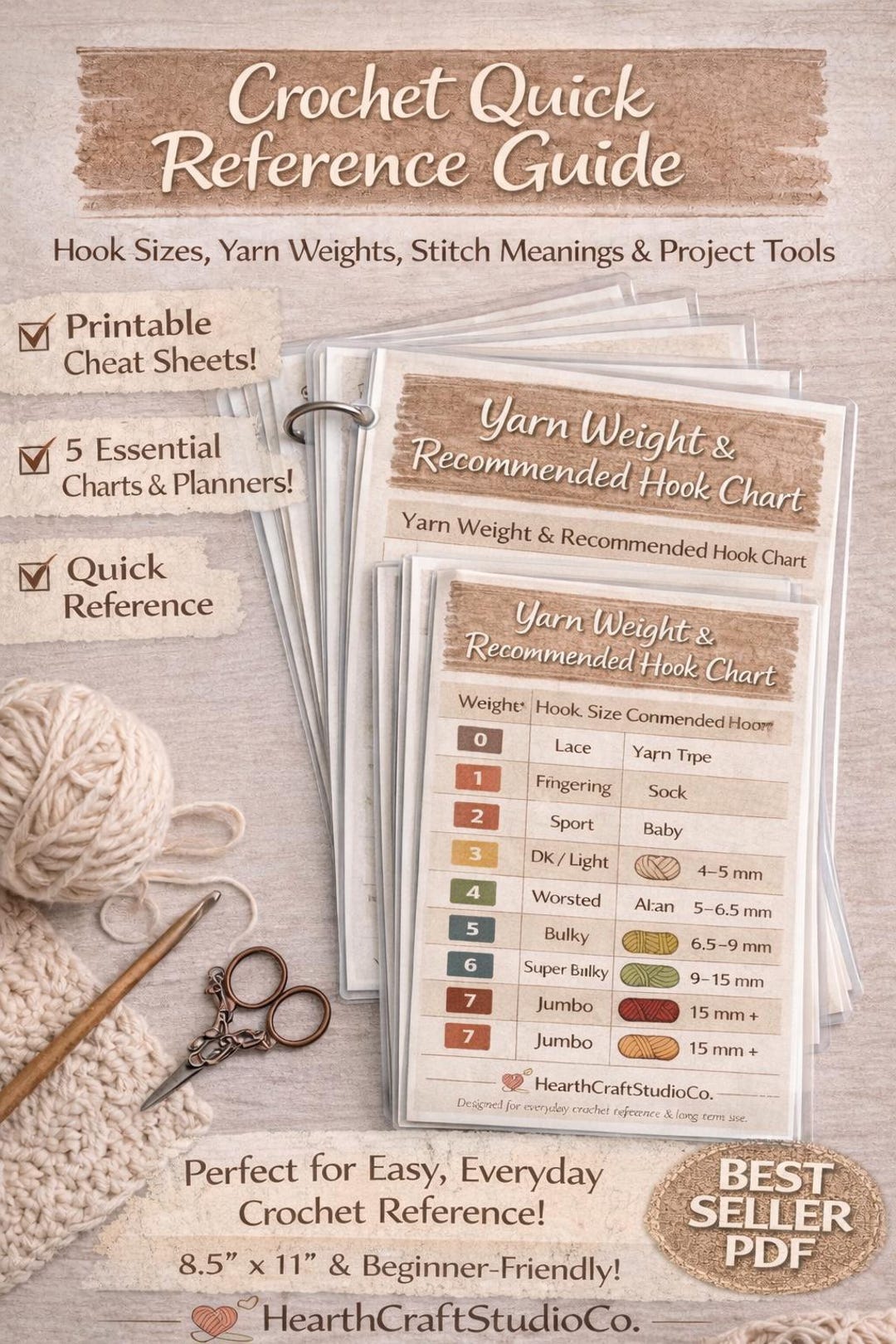 Crochet Quick Reference Guide | Hook Size, Yarn Weight, Stitch Chart ...