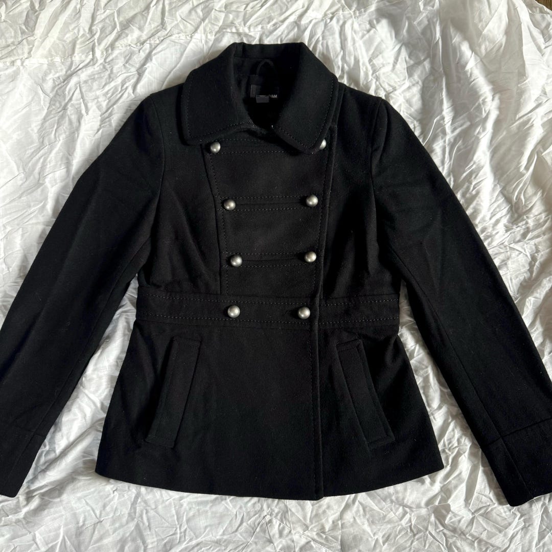 Y2K Black Pea Coat Short Reefer Jacket Double-breasted Silver Button ...