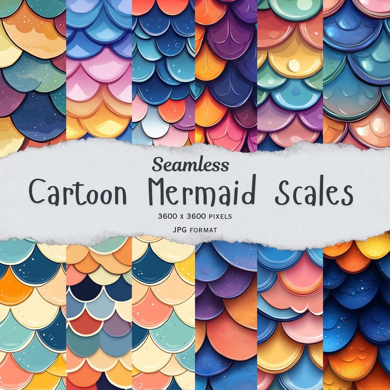12 Seamless Cartoon Mermaid Scales Digital Paper Instant Download ...