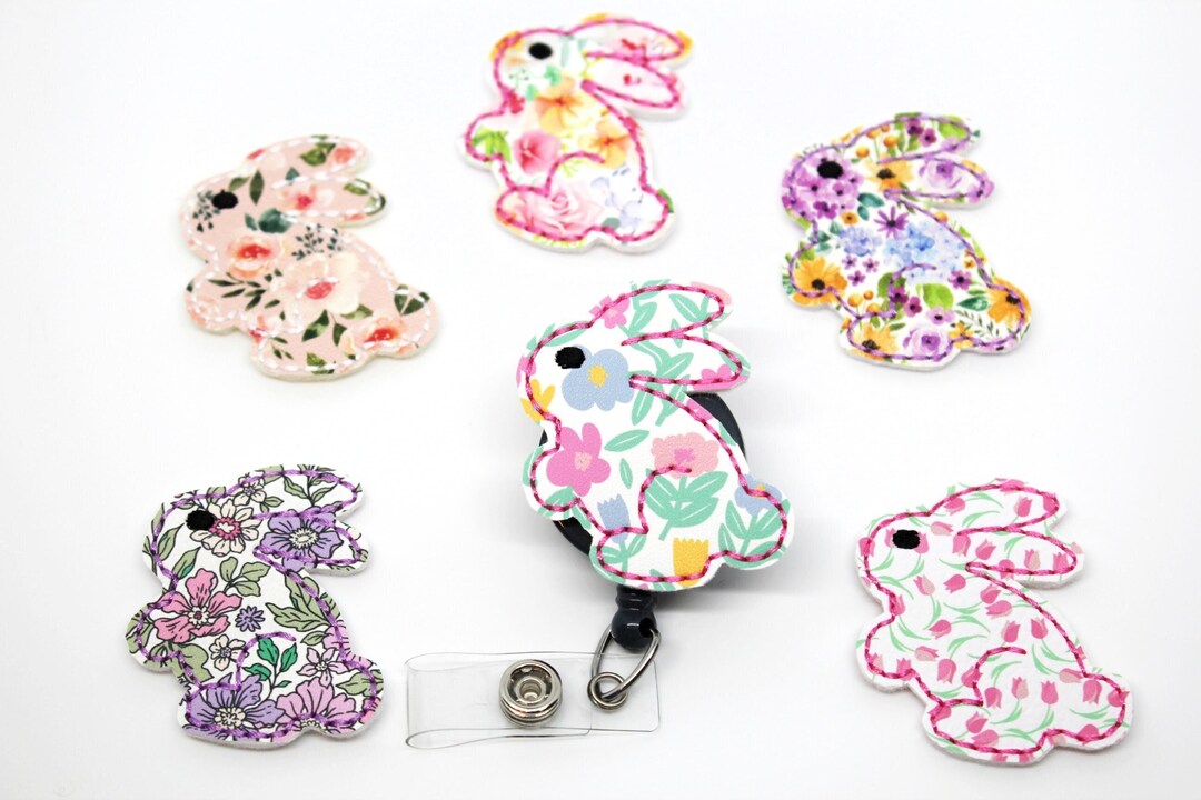 Spring Bunny Floral Embroidered Badge Reel Retractable Swivel Clip ID ...