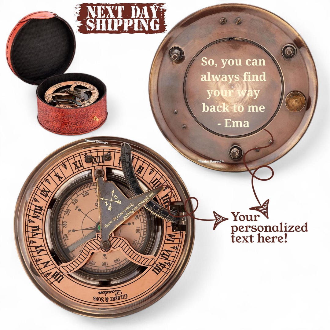 Personalized Sundial Compass, Engraved Brass Handmade Working Compass ...